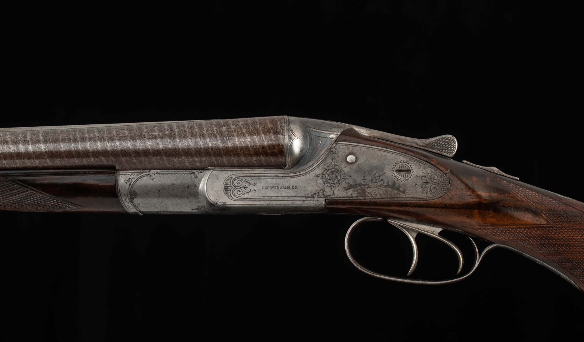 Lefever FE 16 gauge – 1902, F/F, BEAUTIFUL DAMASCUS, VFI CUSTOM LEATHER ...